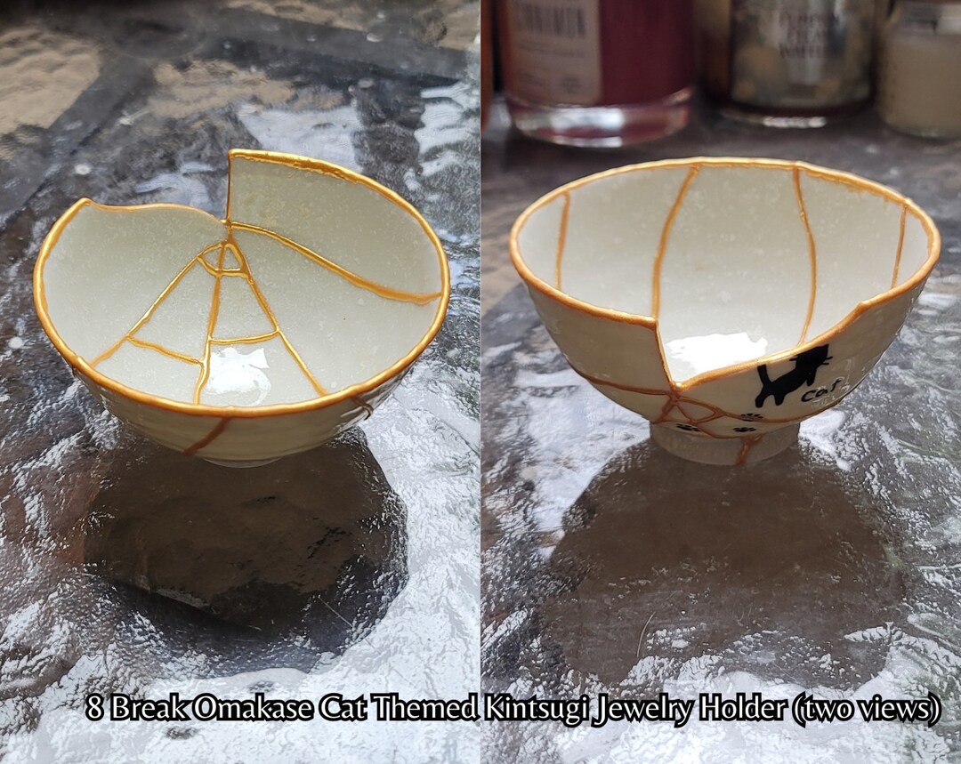 8 Break Kintsugi Bowl. One of a Kind Cat-themed Kintsugi White With ...