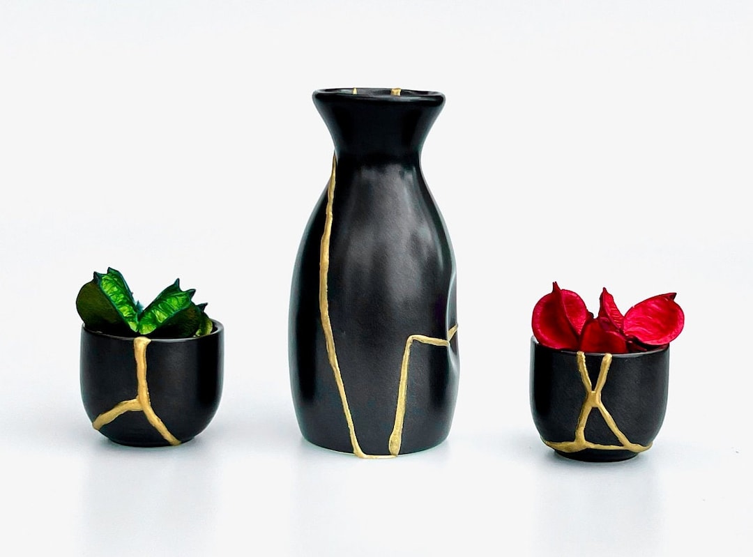 Black Kintsugi Bottle With or W/O Kintsugi Cups Kintsugi Vase Black ...