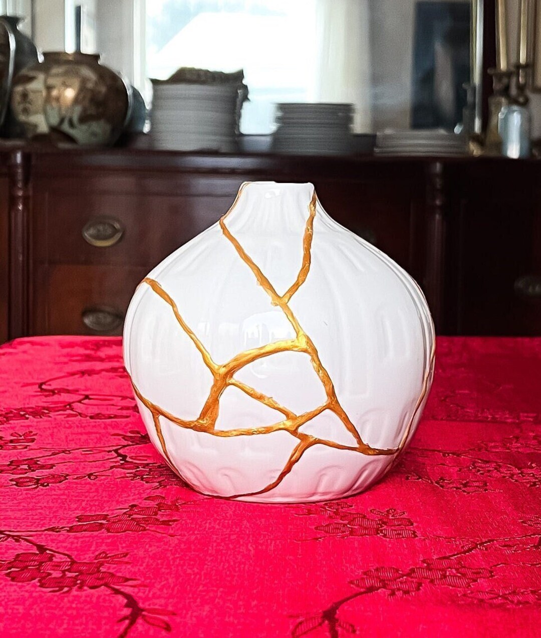 White Kintsugi Vase Home Decor gold Repair Artificial Flowers Kintsugi ...