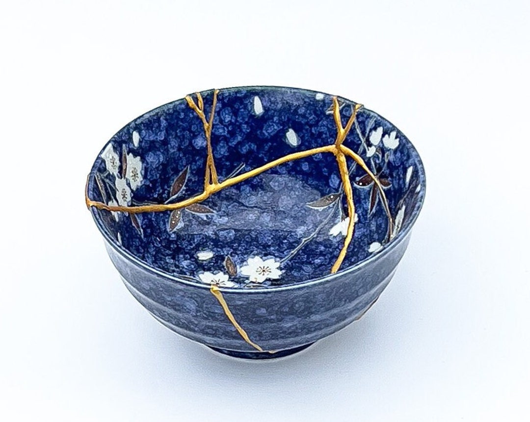 Large Blue Kintsugi Bowl With Cherry Blossoms -gold Repair ...