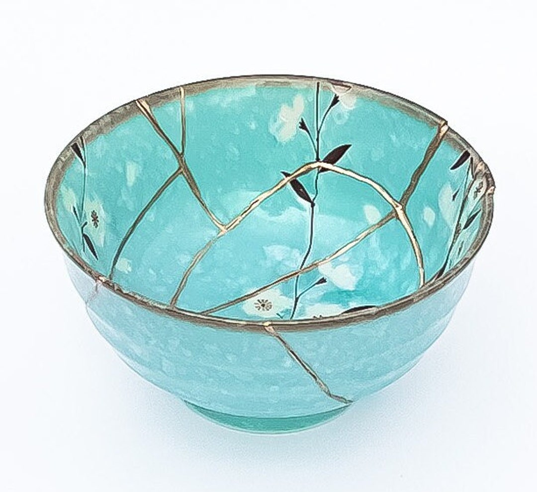 Large Turquoise Kintsugi Bowl Cherry Blossoms gold Repair Anniversary ...