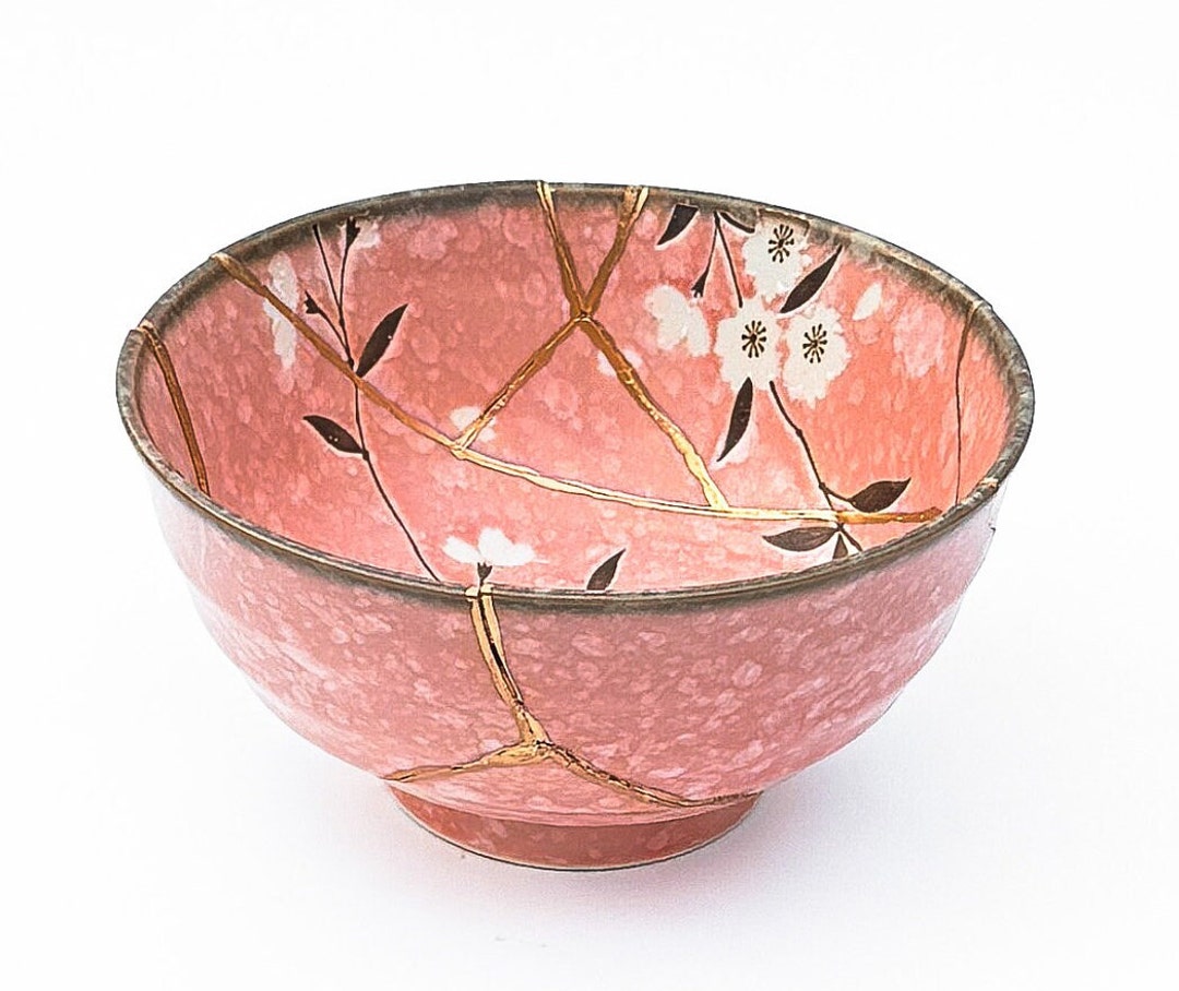 Large Pink Kintsugi Bowl - Cherry Blossoms -gold Repair - Anniversary Gift - Blue- Kintsugi ...
