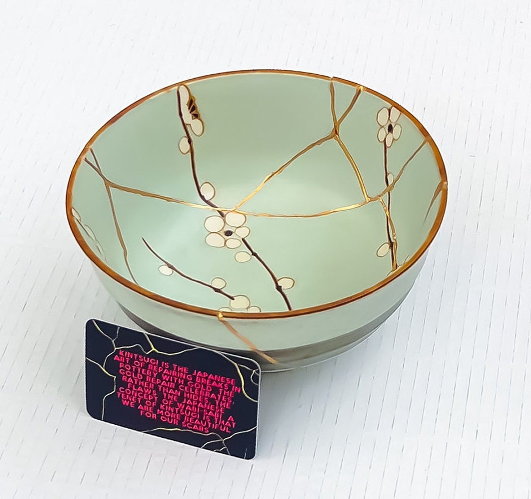 Large Turquoise Kintsugi Bowl Cherry Blossoms gold Repair Anniversary ...