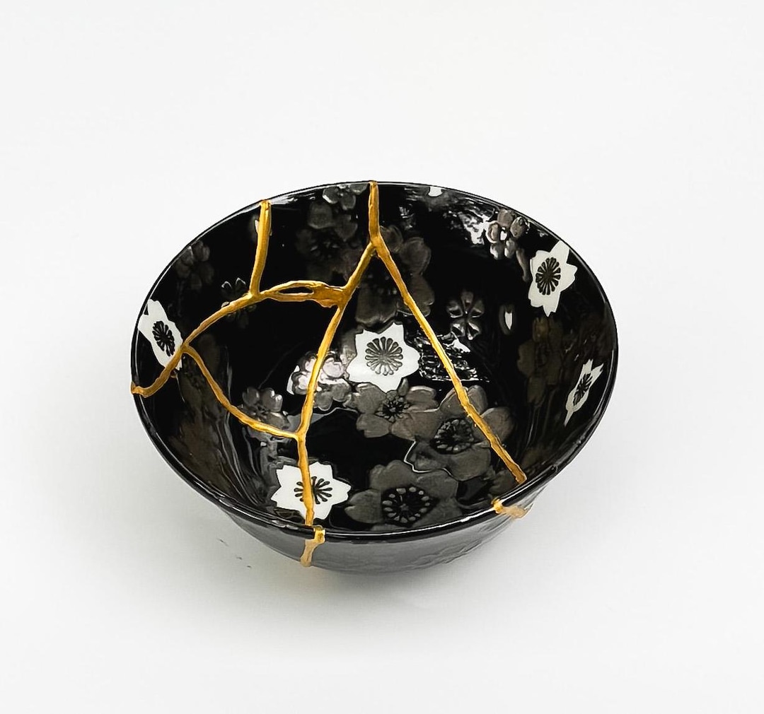 Japanese Kintsugi Bowl With Cherry Blossoms - Black Kintsugi Bowl With Gold Repair - Christmas ...