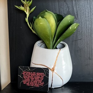 Kintsugi Planter W/ Artificial Plant - White With Gold Repair ...