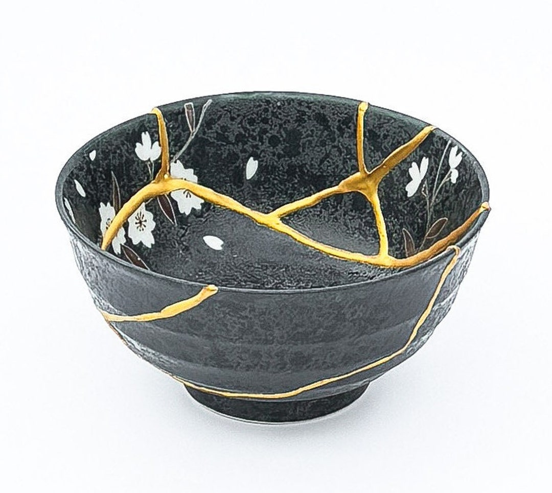 Large Black Kintsugi Bowl - Cherry Blossoms -gold Repair - Anniversary ...