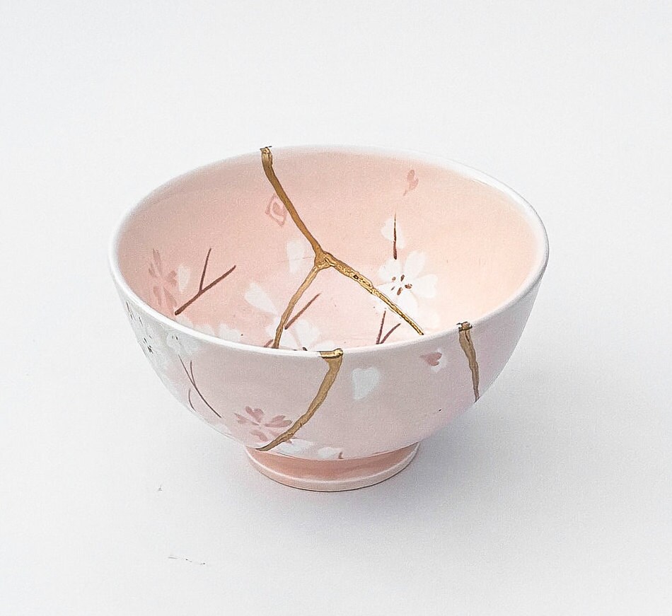 Pink Kintsugi Bowl - Cherry Blossoms -gold Repair - Anniversary Gift - Blue- Kintsugi Pottery ...