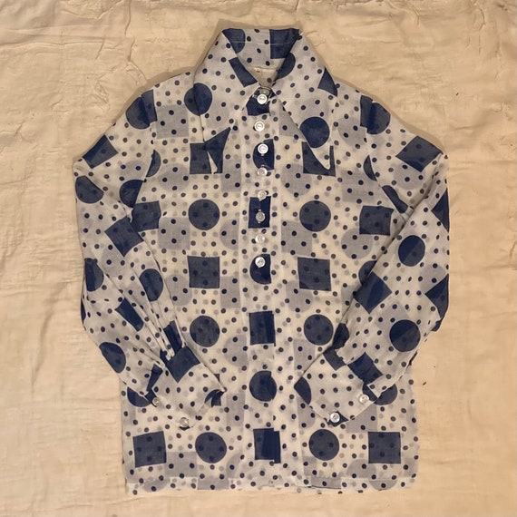 60s Art Pop Geometric Pattern Hidden Button Shirt S - Gem