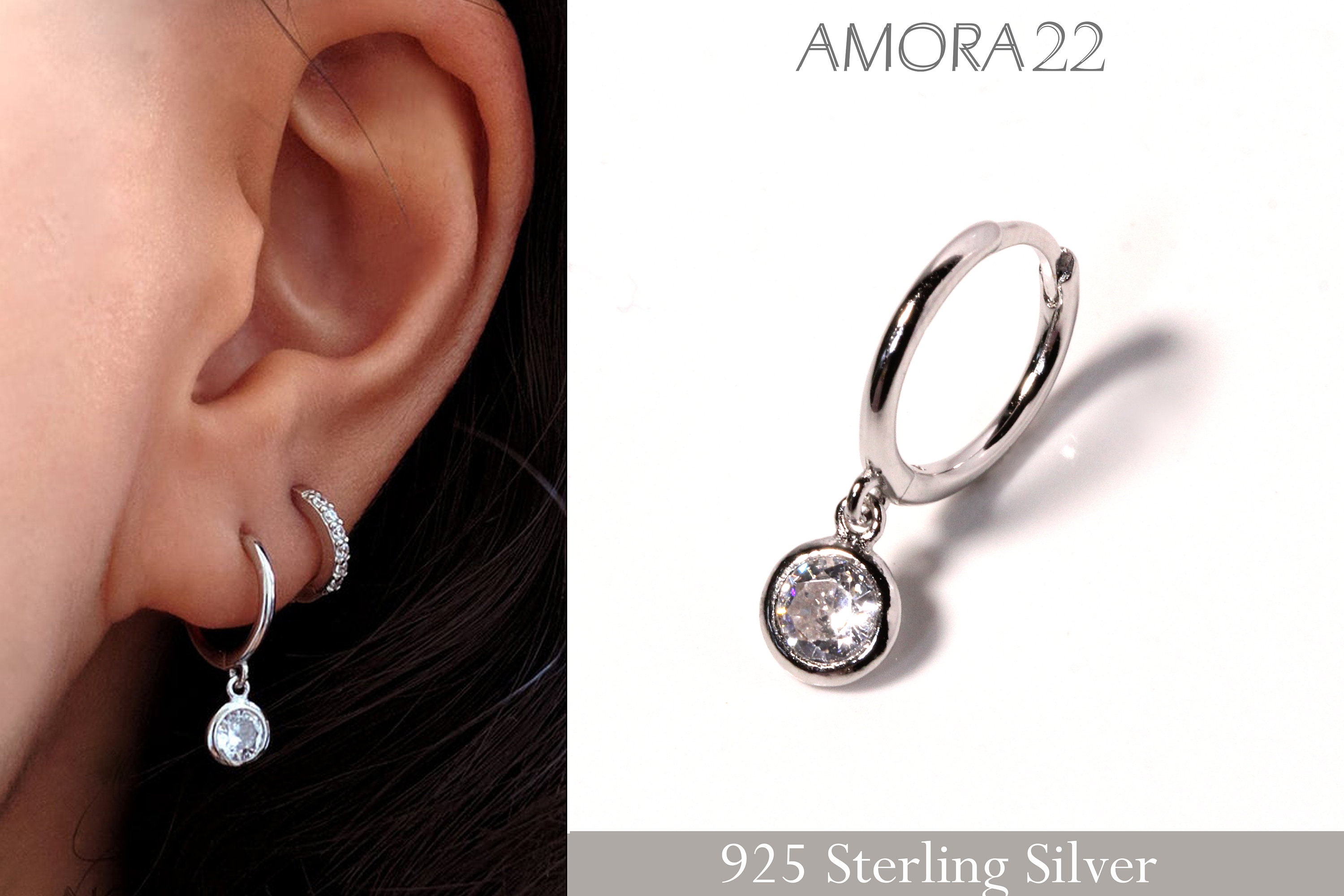 Klare Kristall Ohrringe, 925 Sterling Silber Medium Huggie Ohrringe, Funkelnd zierliche Runde CZ ...