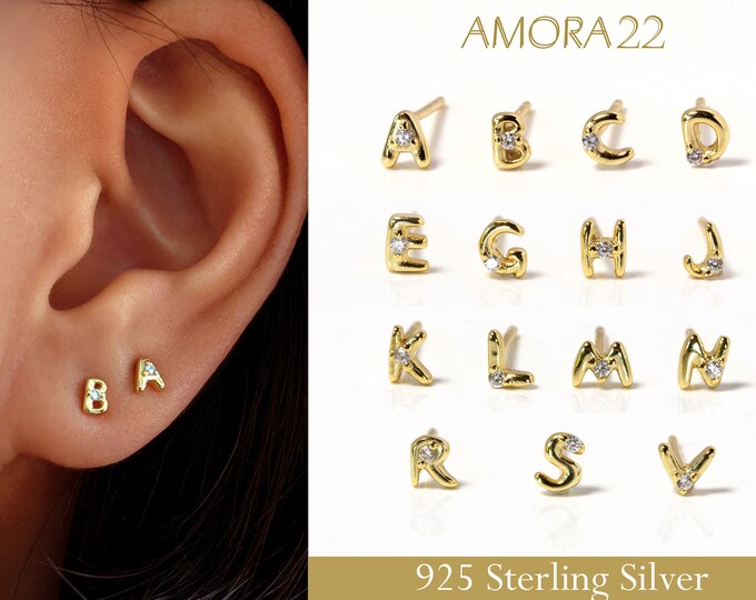 Gold Crystal Alphabet Stud Earrings, 18K Gold Plated 925 Sterling ...