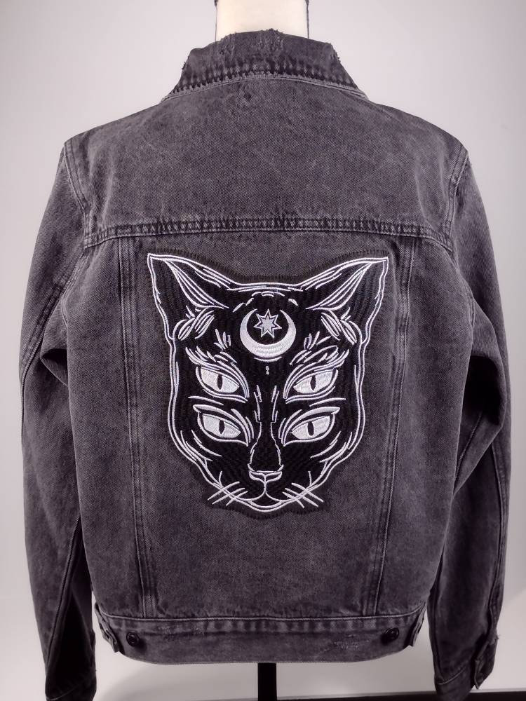 Black Cat Moon Studded Denim Jacket - Etsy