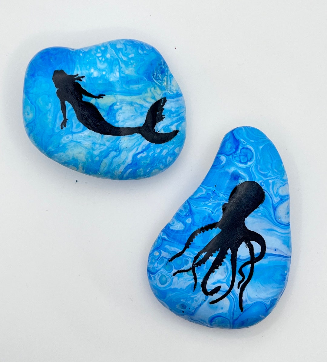 Under the Sea Painted Rock Set, Mermaid and Octopus, Paint Poured Rocks ...
