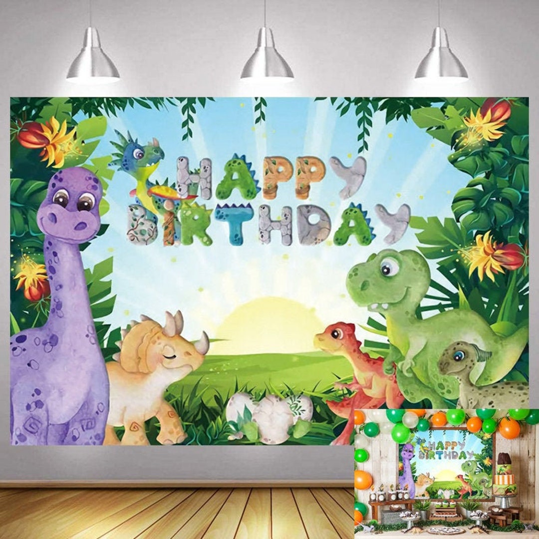Dinosaur Theme Happy Birthday Photography Backdrop Jungle Forest Animal ...