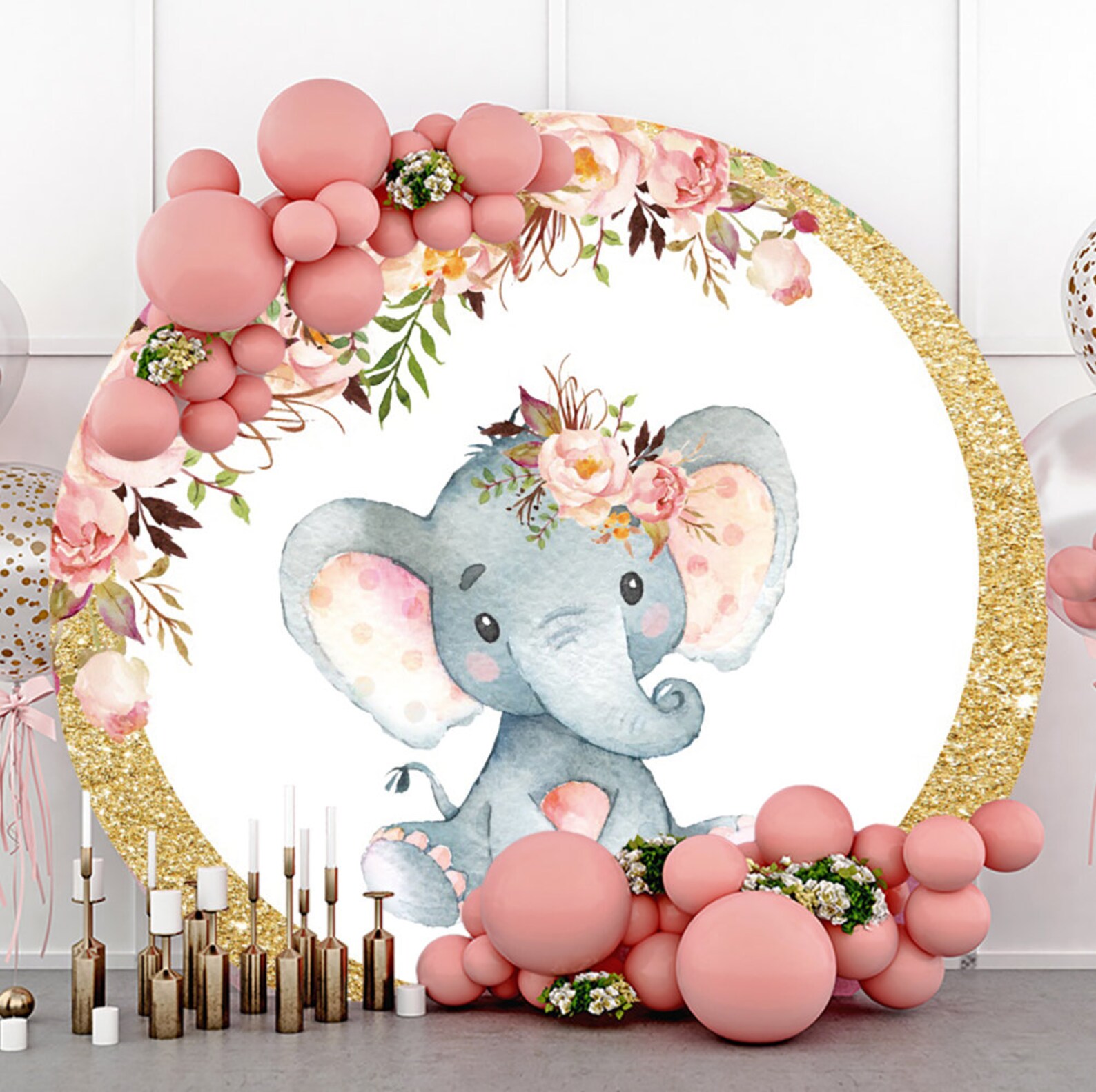 Girl Elephant Baby Shower Round Photography Backdropfloral | Etsy