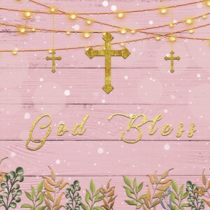 First Communion Photography Backdrop,god Bless Green Leaves Baby Shower ...