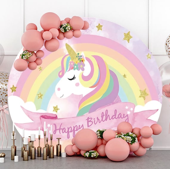 Cartoon Rainbow Unicorn Round Photography Backdropclound Gold - Etsy