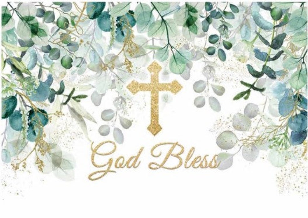 First Communion Photography Backdrop,god Bless Green Leaves Baby Shower ...