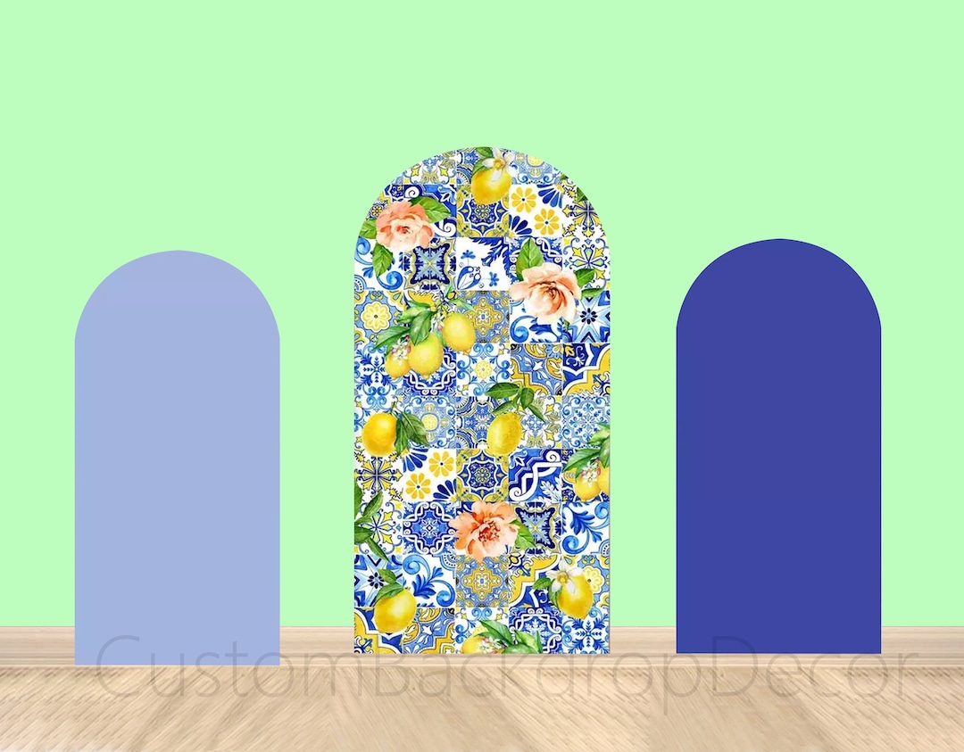 Lemon Bridal Shower Round Arch Cover Wall Backdrop Blue Porcelain Arch ...