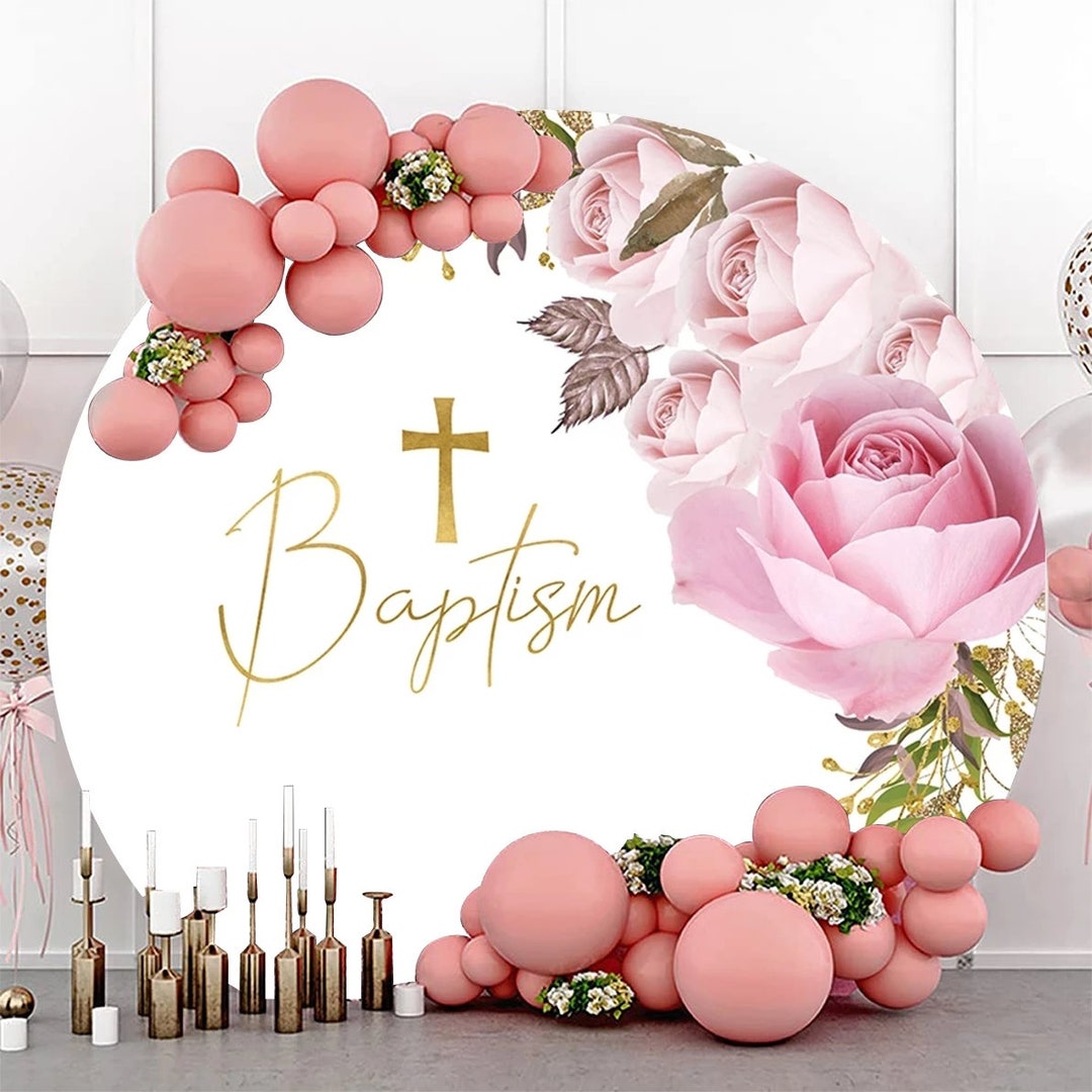Round Baby Pink Flowers Gold Cross Girls Baptism Photography Backdrop ...