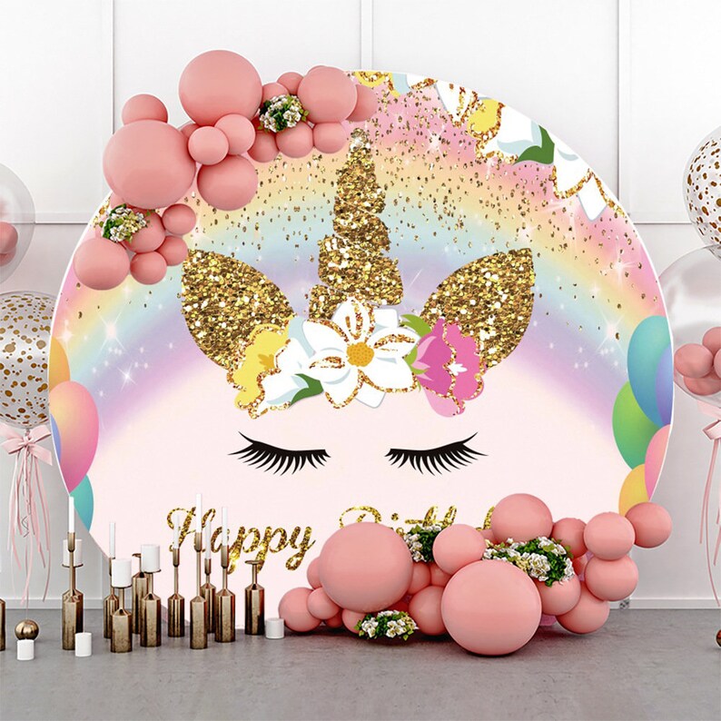 Round Unicorn Rainbow Photography Backdrop Flowers Girls Birthday ...