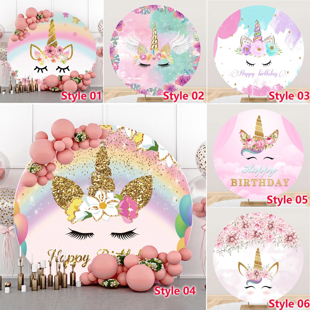 Round Unicorn Rainbow Photography Backdrop Flowers Girls Birthday ...