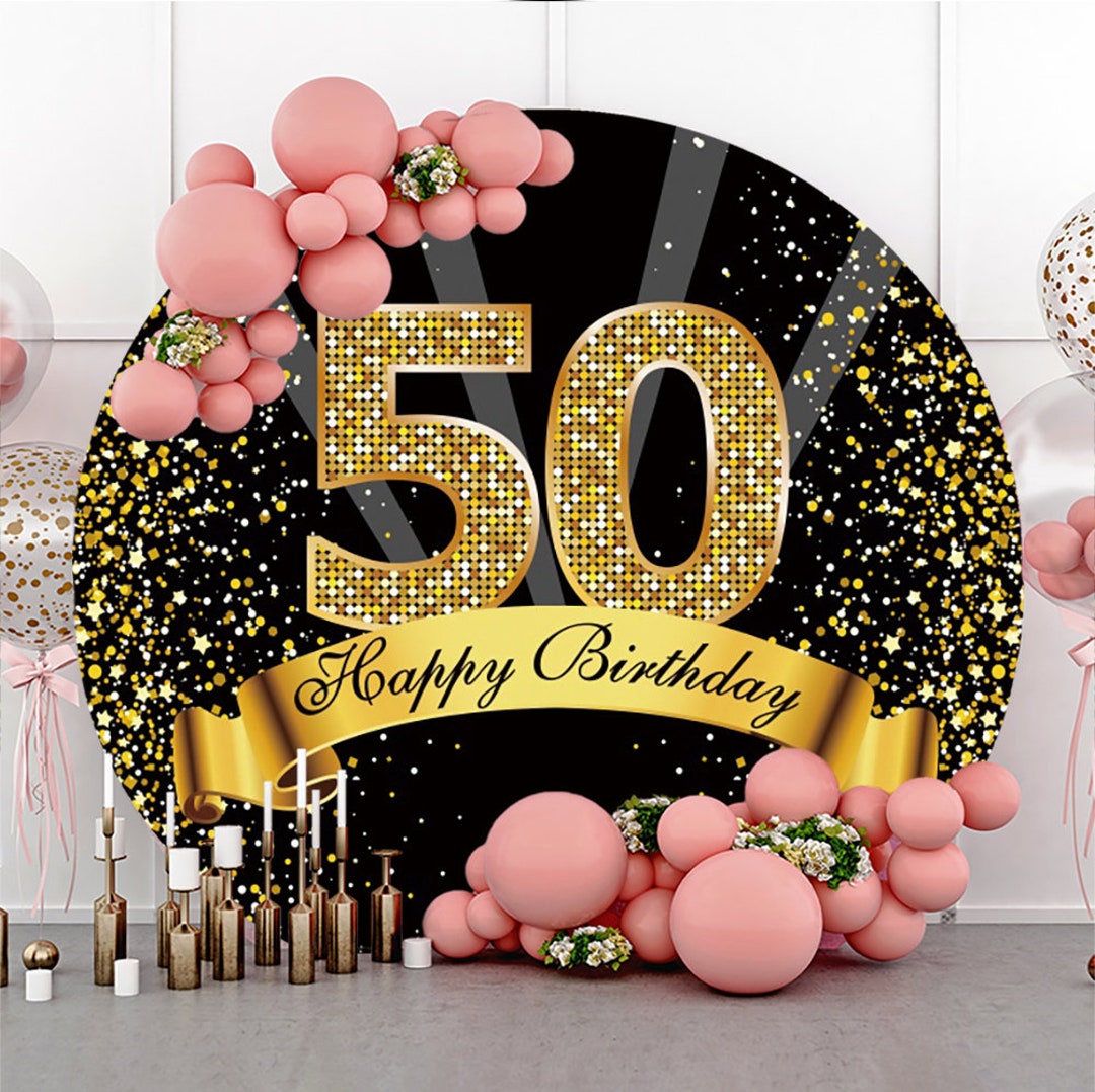 Round Customize 50th Birthday Photography Backdrop,gold&black Glitter ...