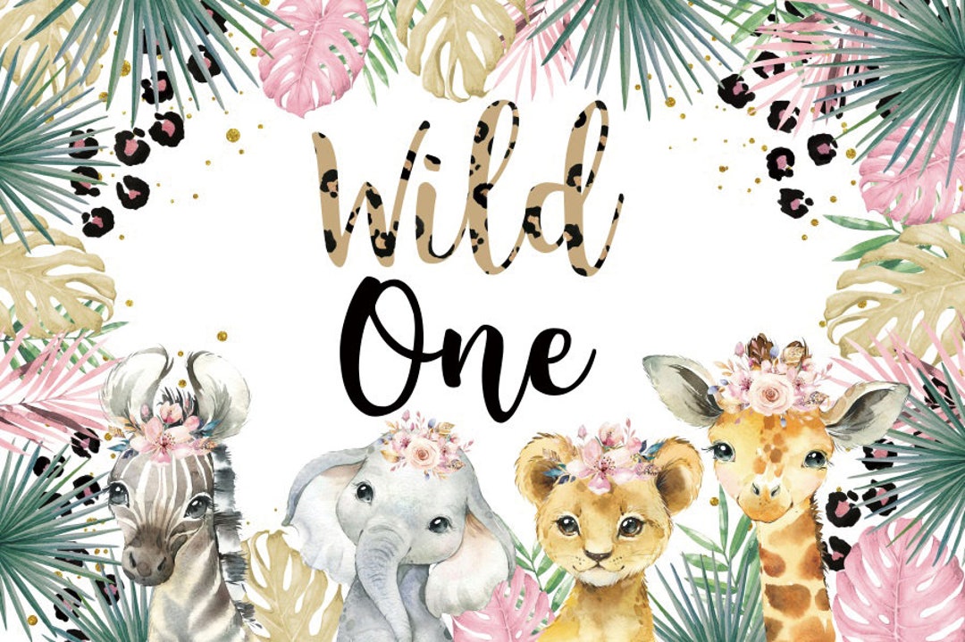 Wild One Jungle Animals Photography Backdrop Tropical Pink Gold Leaves ...
