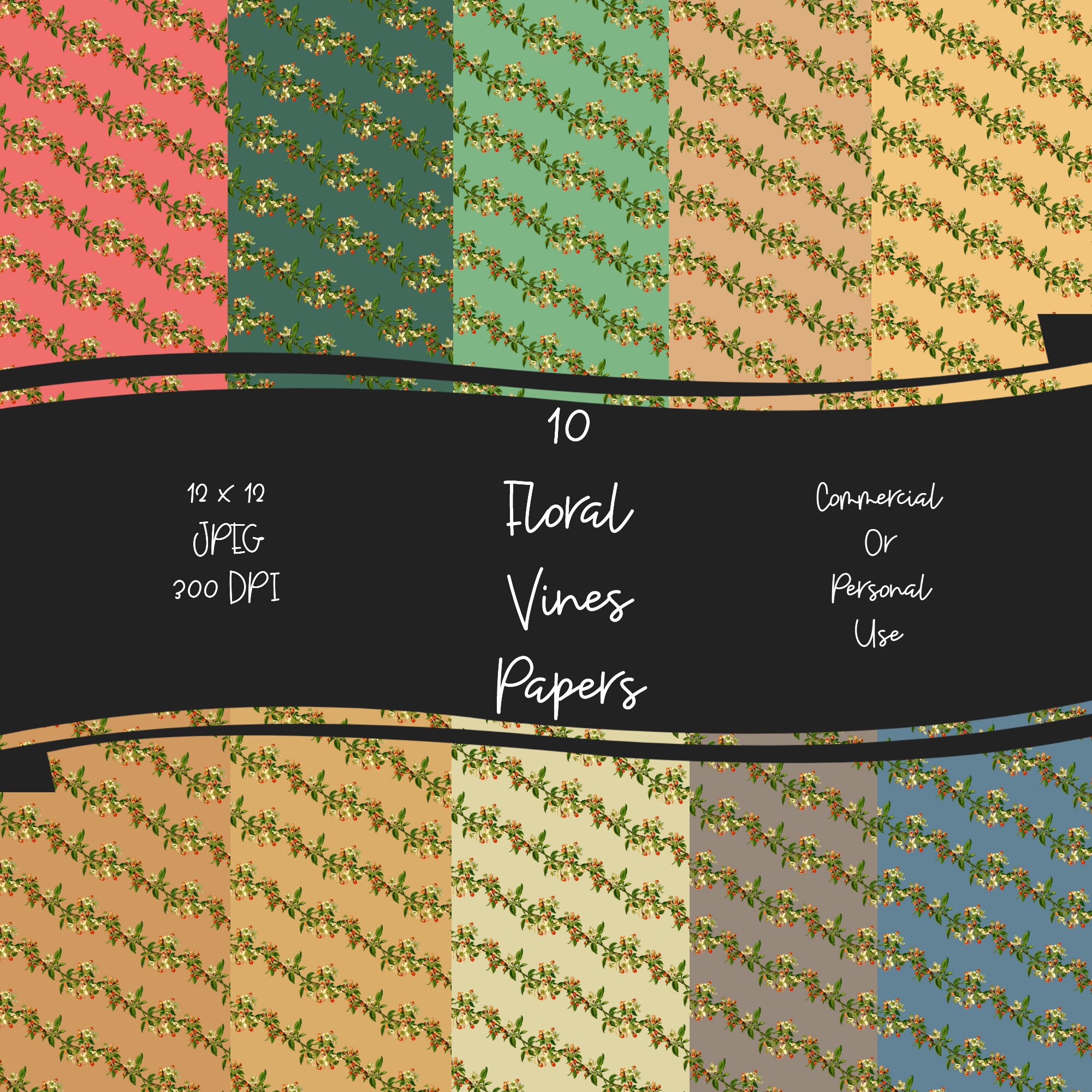 Floral Vines Digital Craft Papers Instant Download 12 X 12 JPEG 300 DPI ...
