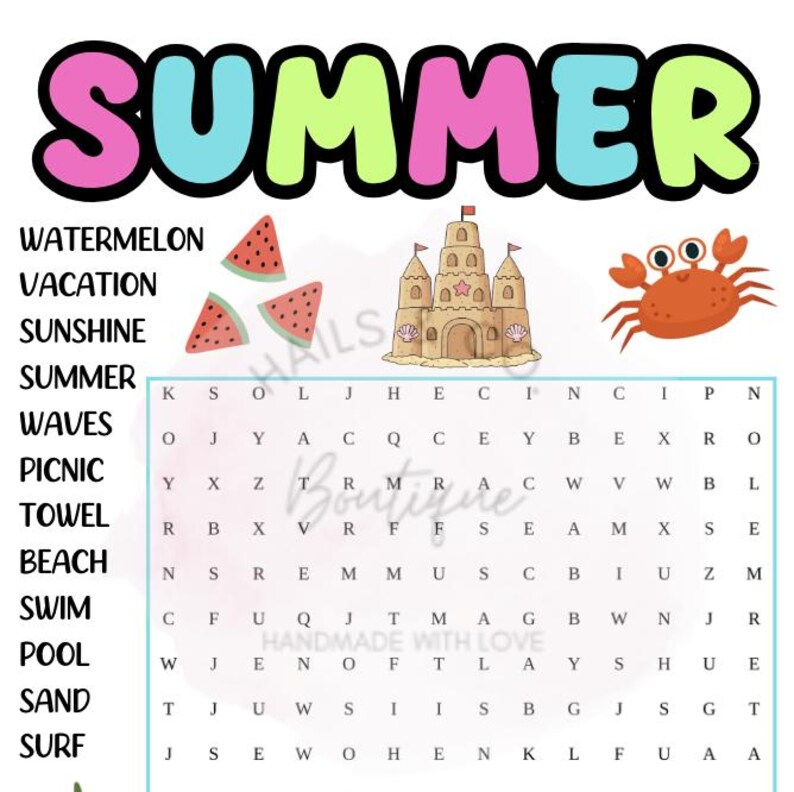 Summer Word Search, Summer Printable, Summer Worksheets, Summer Word ...