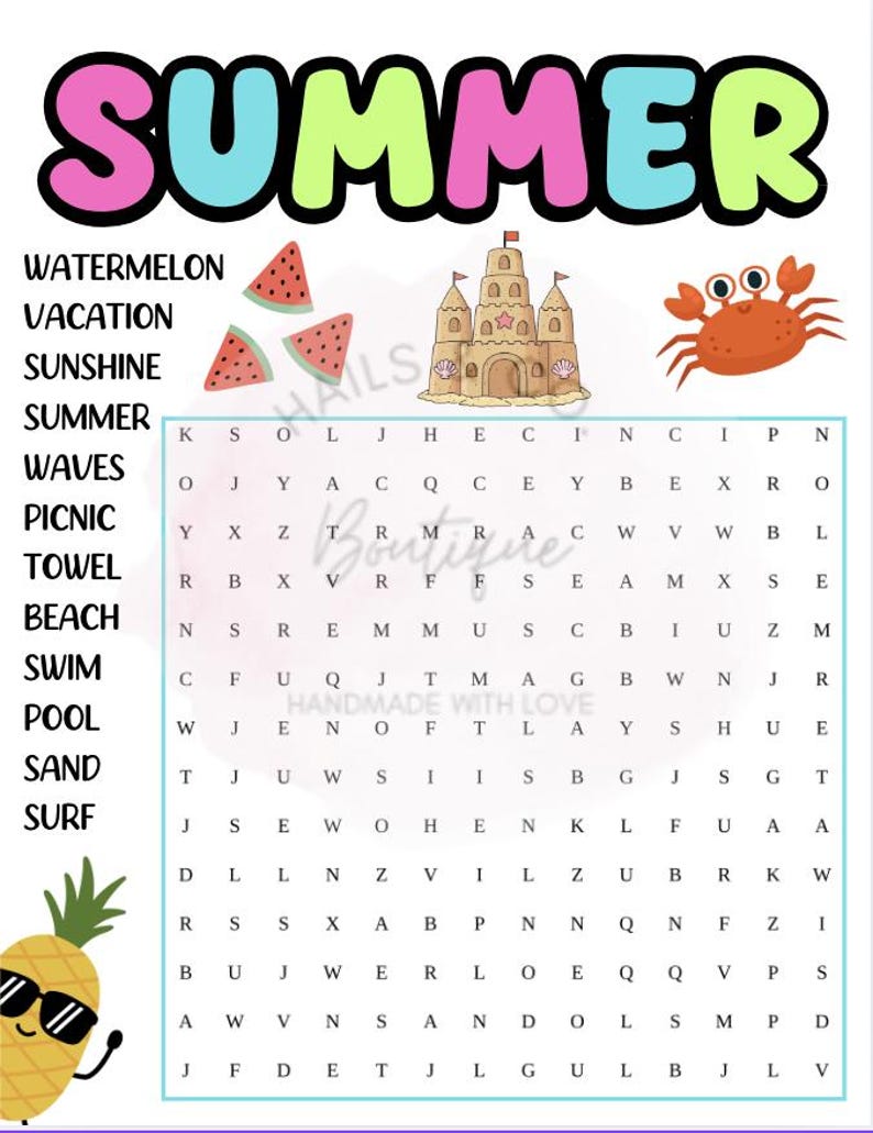 Summer Word Search, Summer Printable, Summer Worksheets, Summer Word ...