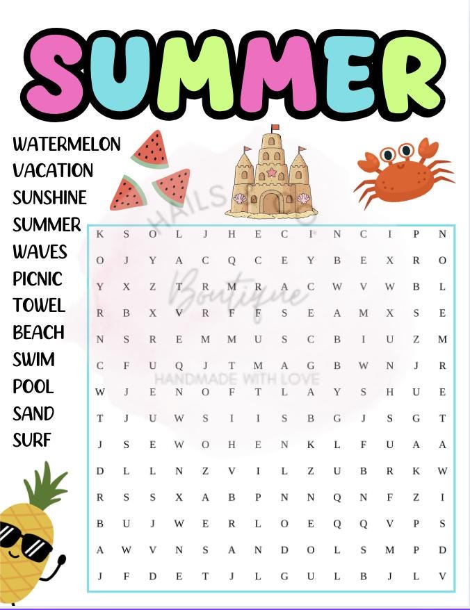 Summer Word Search, Summer Printable, Summer Worksheets, Summer Word ...