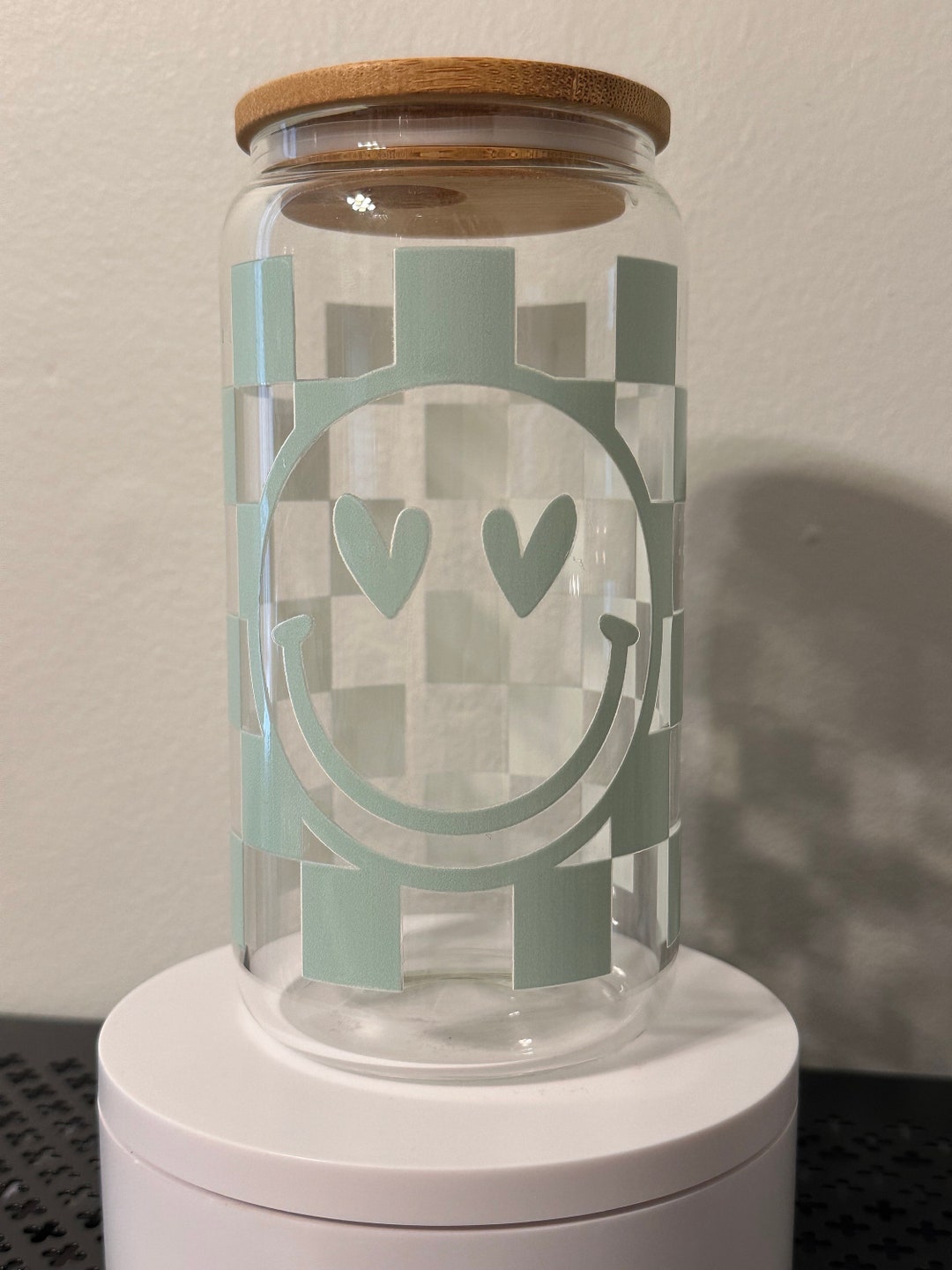 Smiley Checkered Mint 16 Ounce Glass Cup With UVDTF Wrap, Edgy Gifts ...