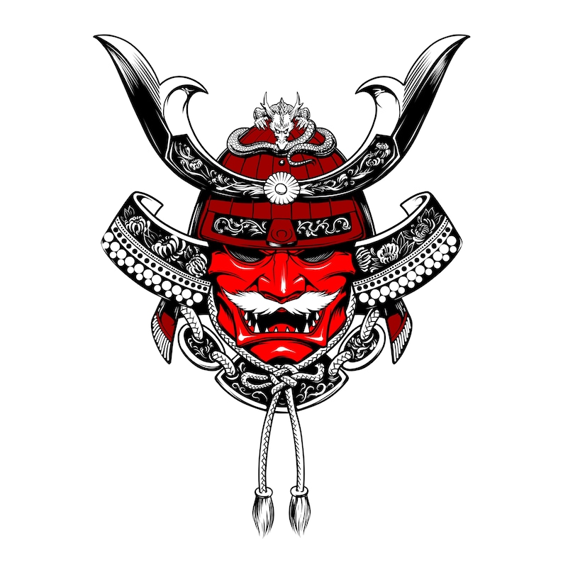 Red Samurai Mask Hand Made Vector Design, Tattoo, Engraving, T-shirt ...