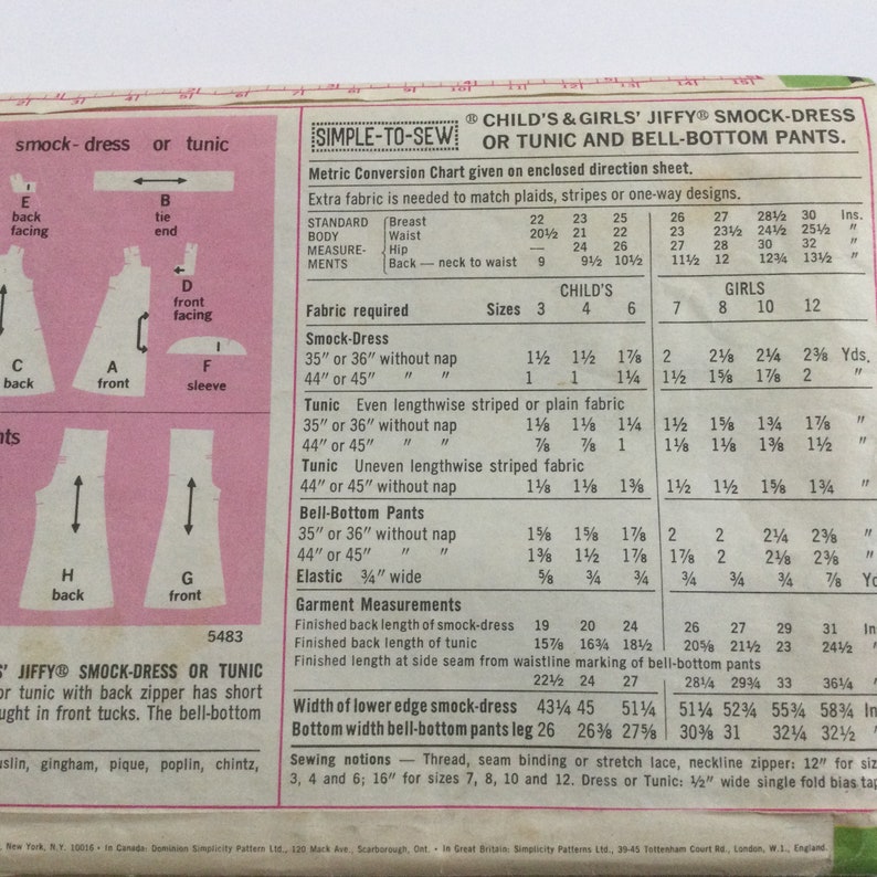 Simplicity 5483 Sewing Patterns. Vintage 70s Girls Smock - Etsy