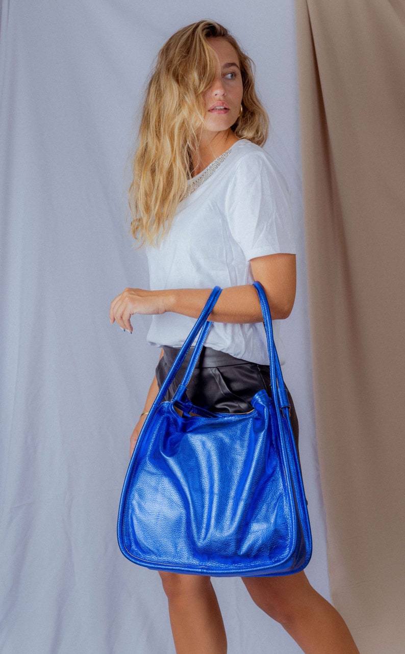 Full Grain Leather Tote Bag Large Shopper Bag Metallic - Etsy