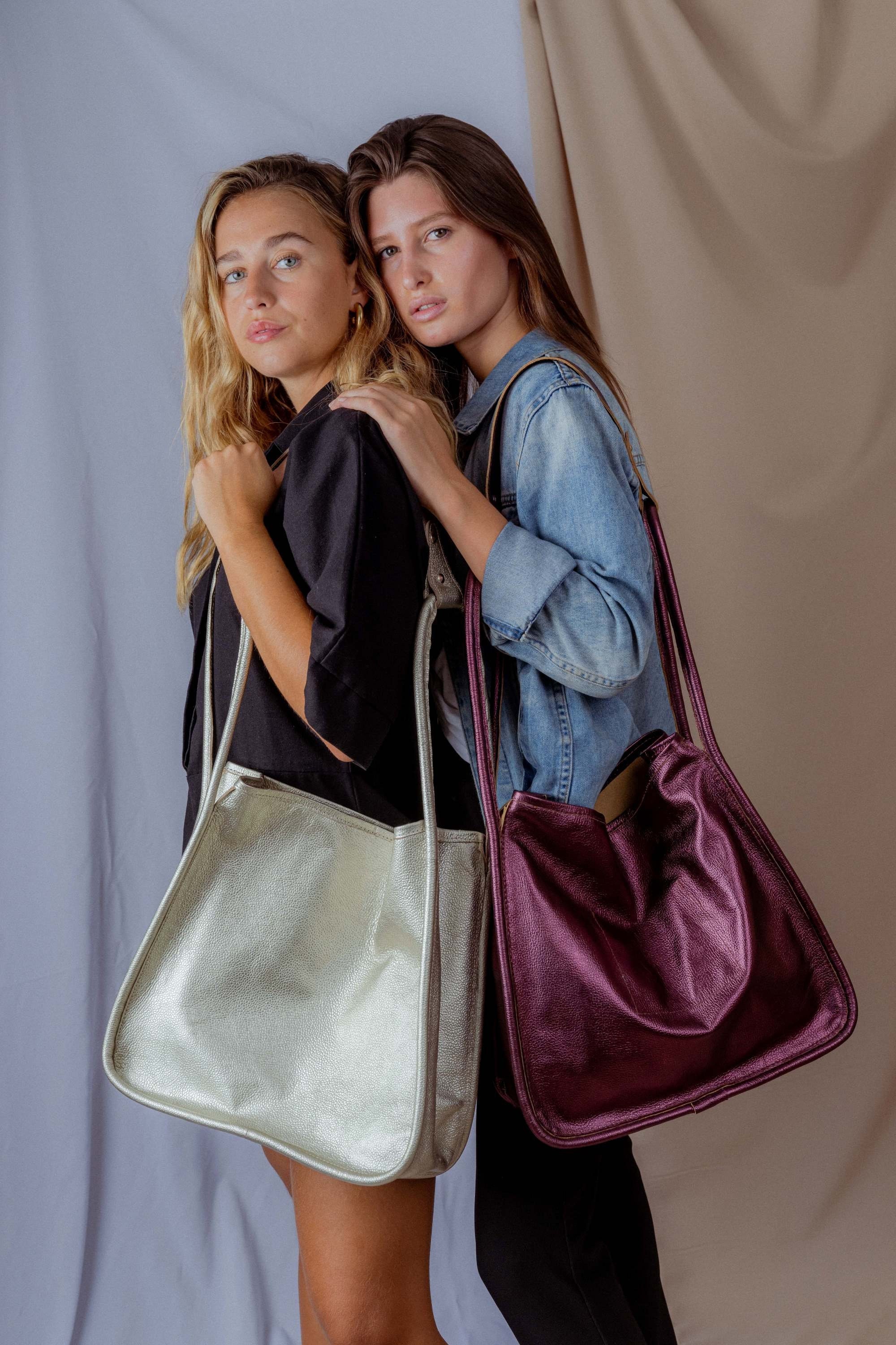 Full Grain Leather Tote Bag Large Shopper Bag Metallic - Etsy