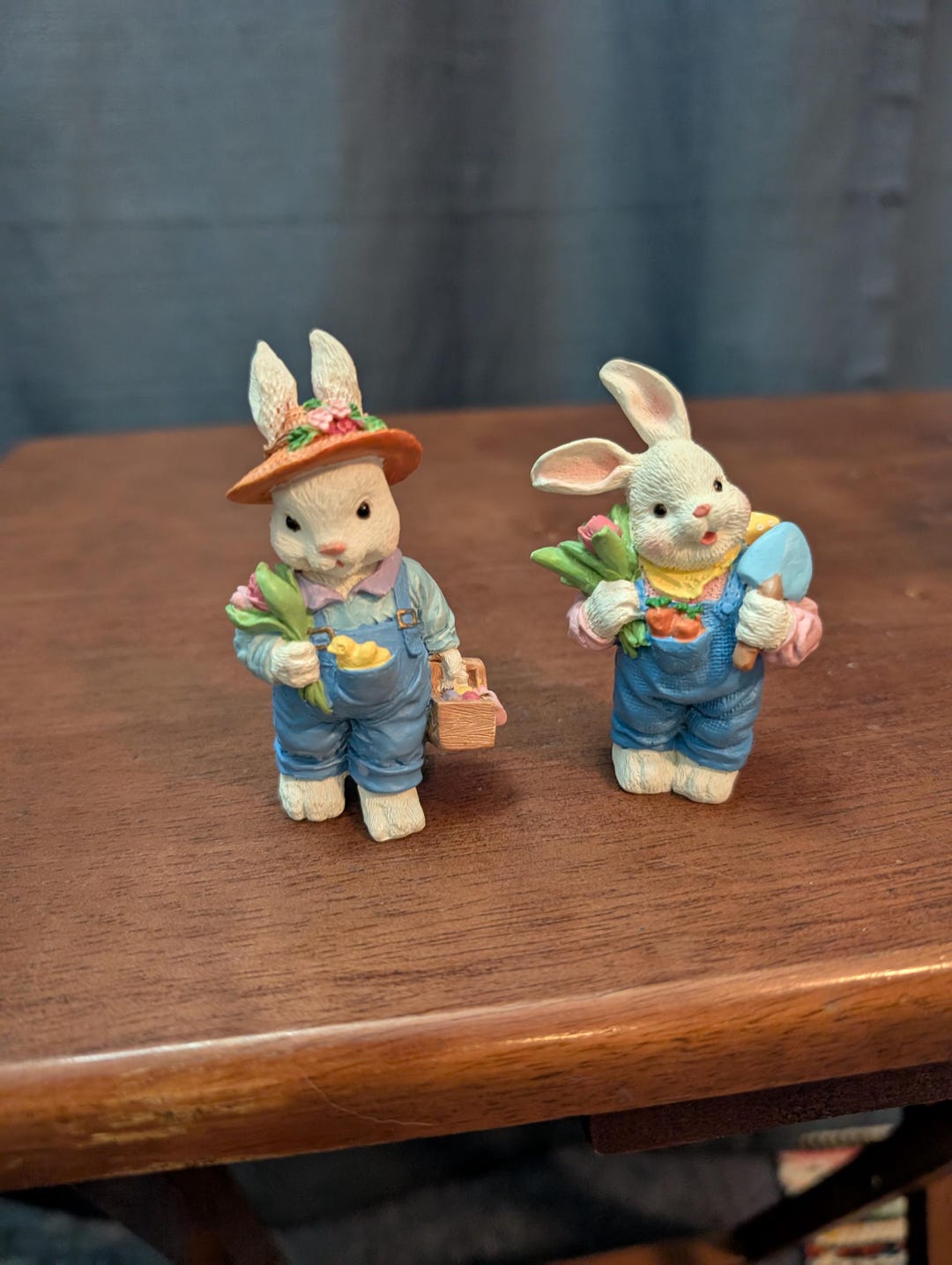 Pair of Resin Rabbit Figurines - Gardening White Bunnies in Overalls ...