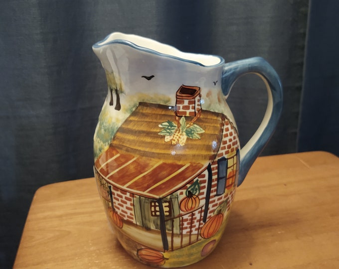 WCL Large Hand-painted Ceramic Pitcher With Autumn Scene - Farmhouse ...