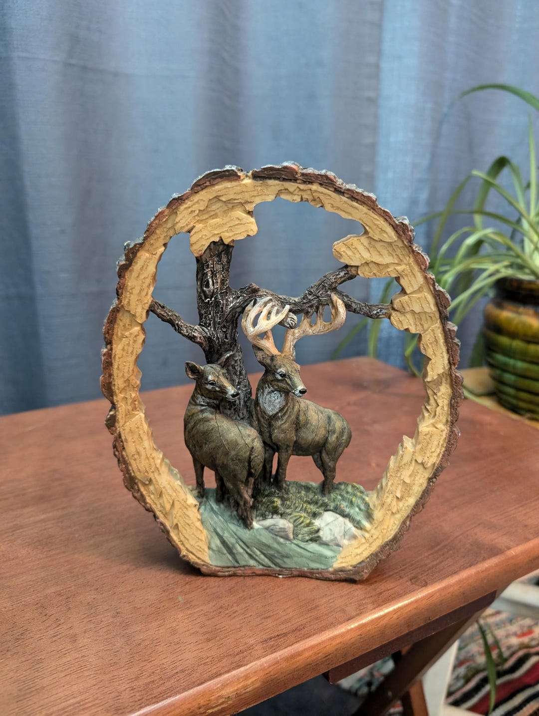 Plastic Buck and Doe Figurine in a Replica Carved Wood Slice- Deer ...