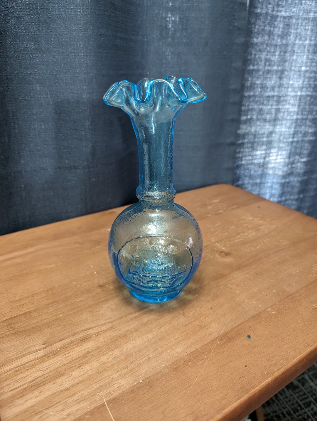Blue Glass Vase With Train Embossment With Stemmed Ruffled Top – 8 1/2 ...