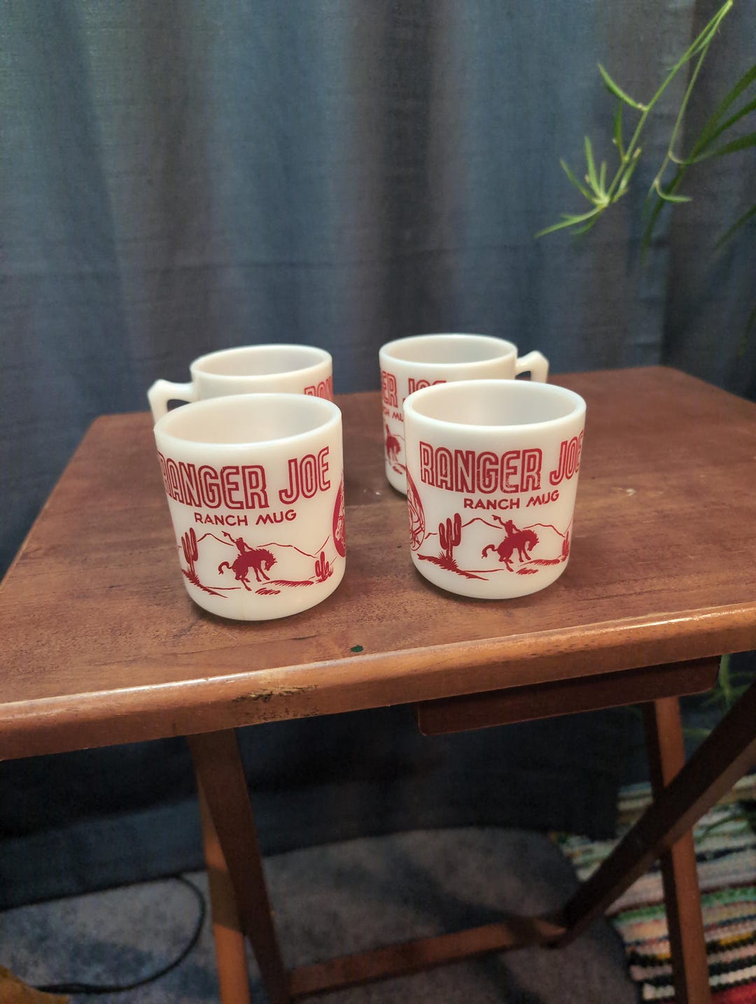 Set of Four (4) Helen Atlas Ranger Joe Ranch Milk Glass Small Mugs -4 ...