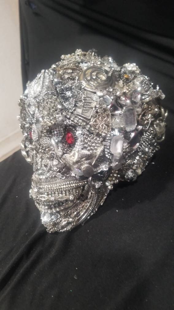 Silver Skull Decor, Upcycled Jewelry Art, Glam Goth Decor, Oddities and ...