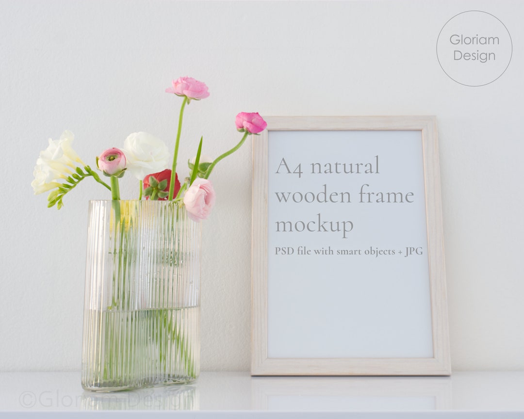 A4 Natural Wooden Picture Frame Vertical Mockup, Neutral Ranunculus ...