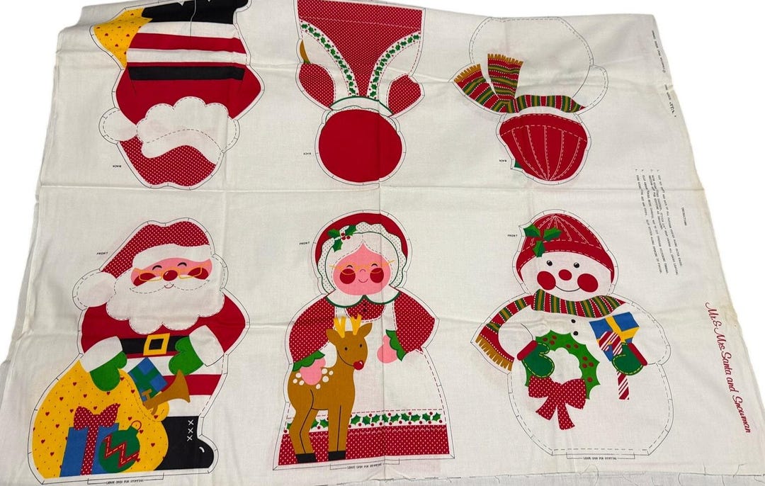 Vintage Cranston Fabric Panel Mr Mrs Santa Snowman 14" Christmas - Etsy