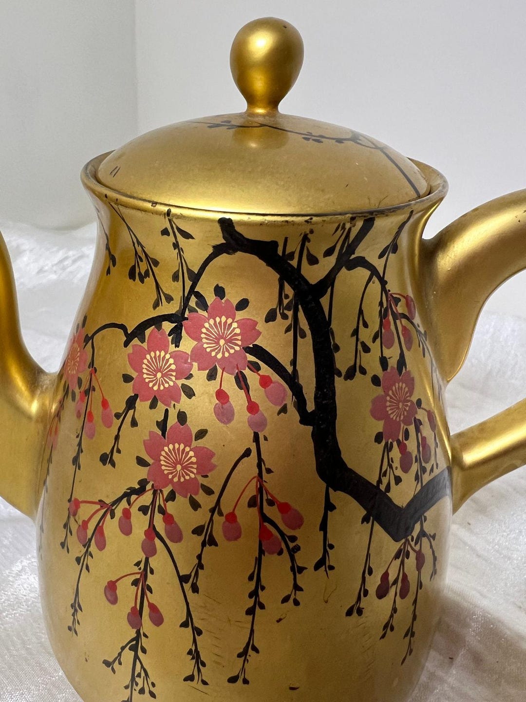 Japanese Lacquer Ware Tea Pot Teapot Gold Pink Cherry Blossom Floral ...