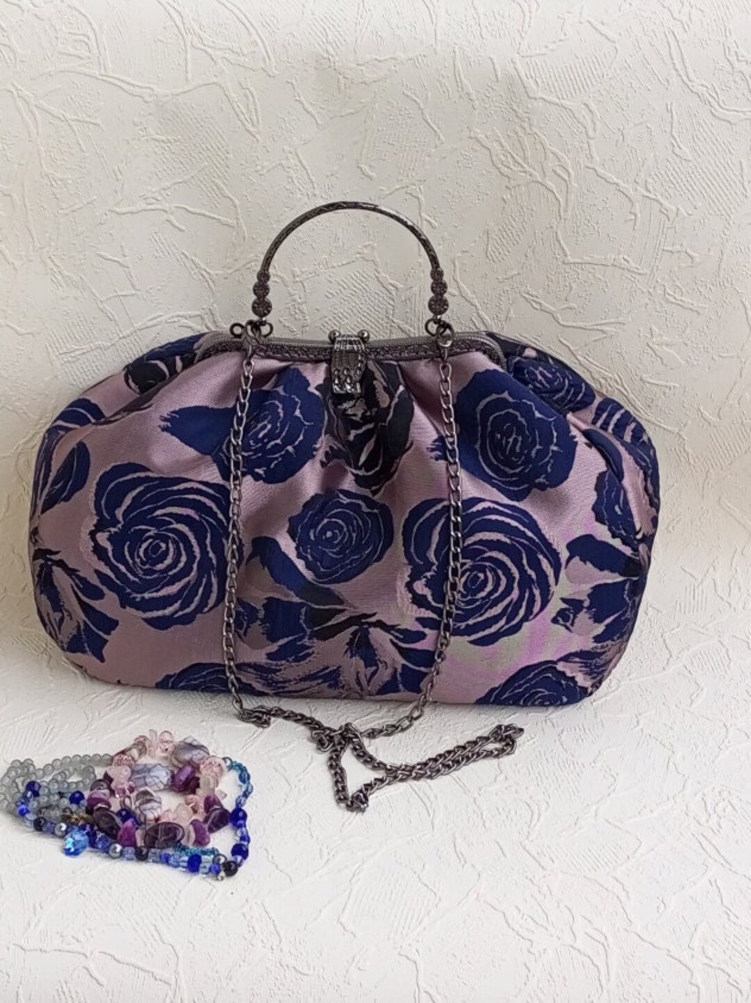 Floral Kisslock Woman Bag Vintage Mocha Blue Flowers Handbag Evening ...