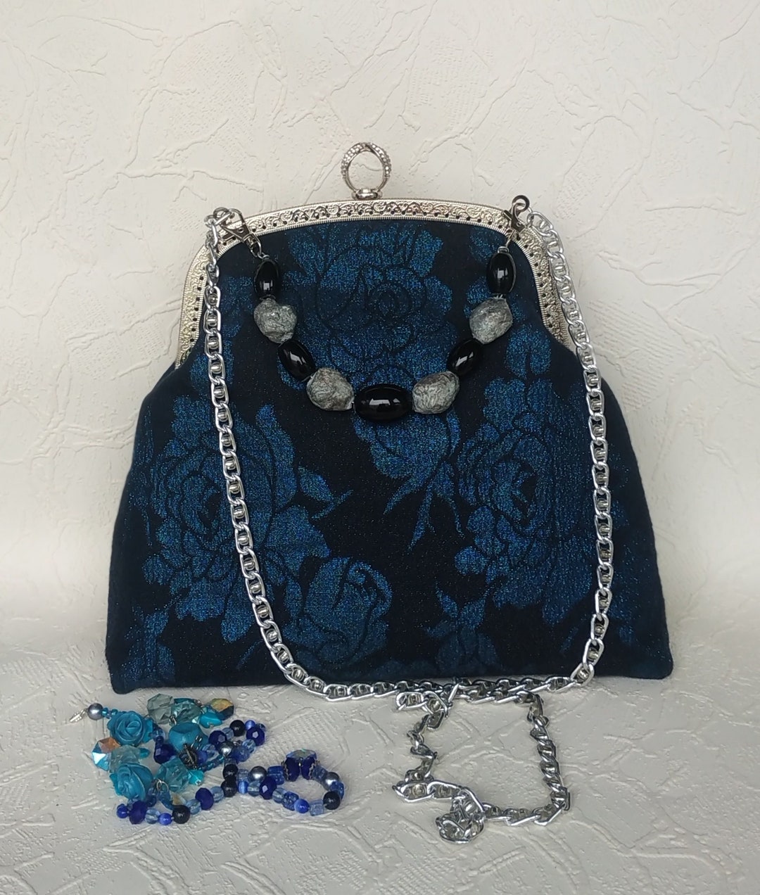 Vintage Blue Woman Bag Vintage Clasp Bag Kisslock Bag Evening Dark Blue ...