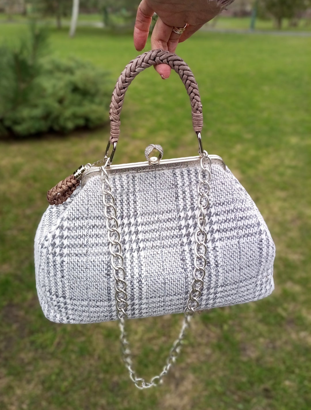 Grey White Checked Bag Vintage Clasp Bag Kiss Lock Bag Evening Bag Clip ...
