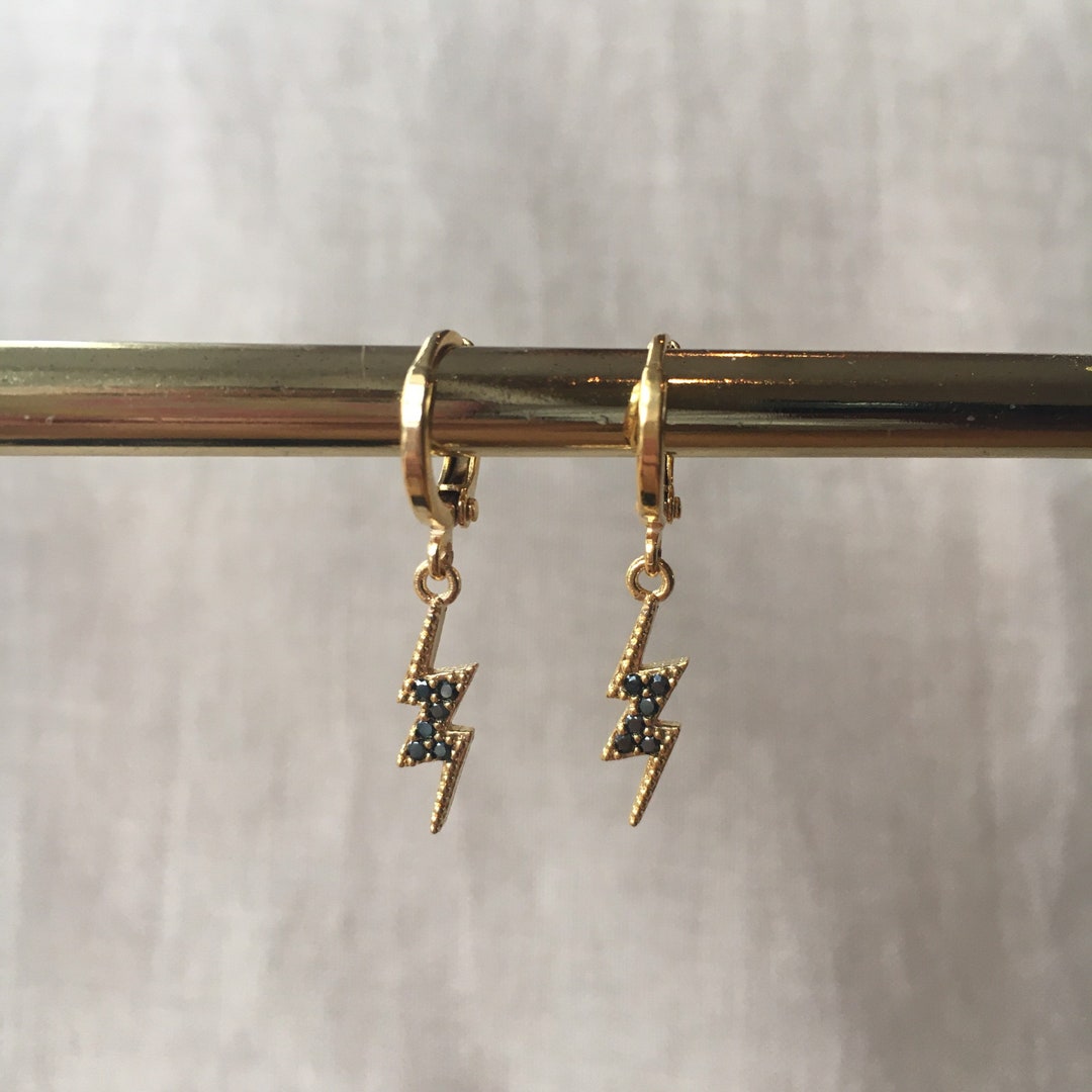 Lightning Bolt Hug Hoops With Black Cubic Zirconia, Dainty Dangle ...