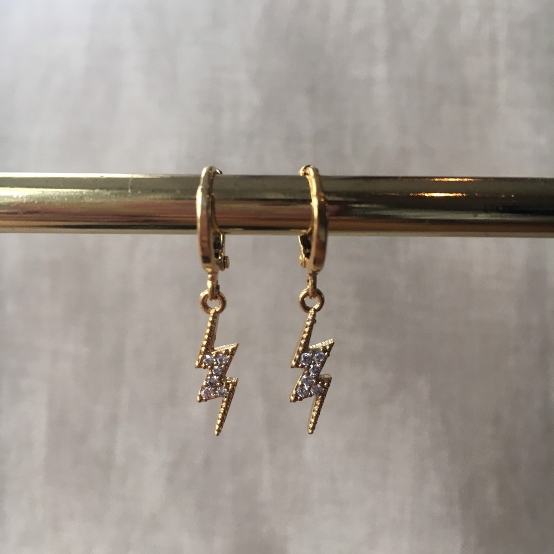 Lightning Bolt Hug Hoops With Cubic Zirconia Dainty Dangle - Etsy